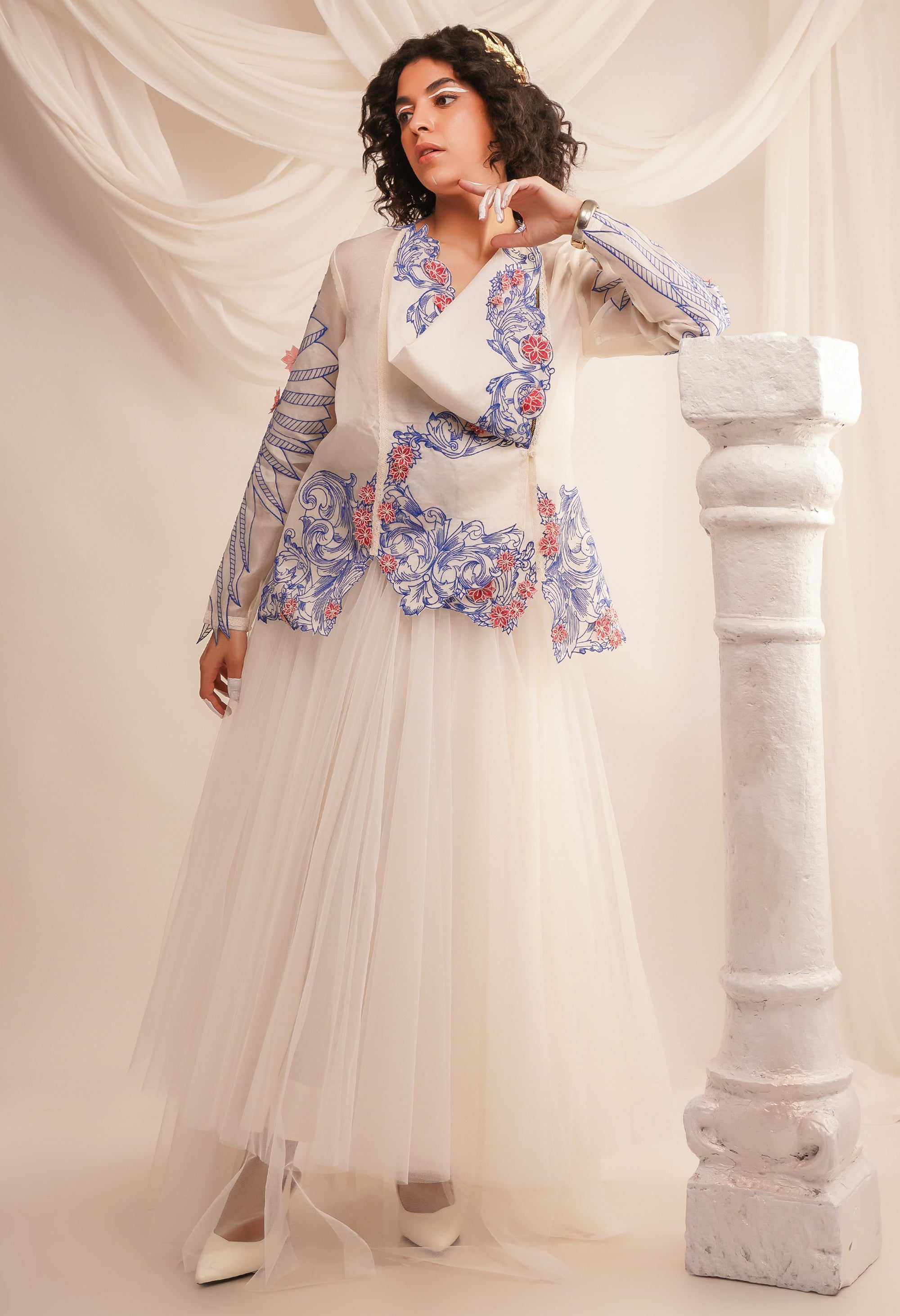 EMB COWL NECK ORGANZA JACKET WITH WING DETAILING ON THE SLEEVES